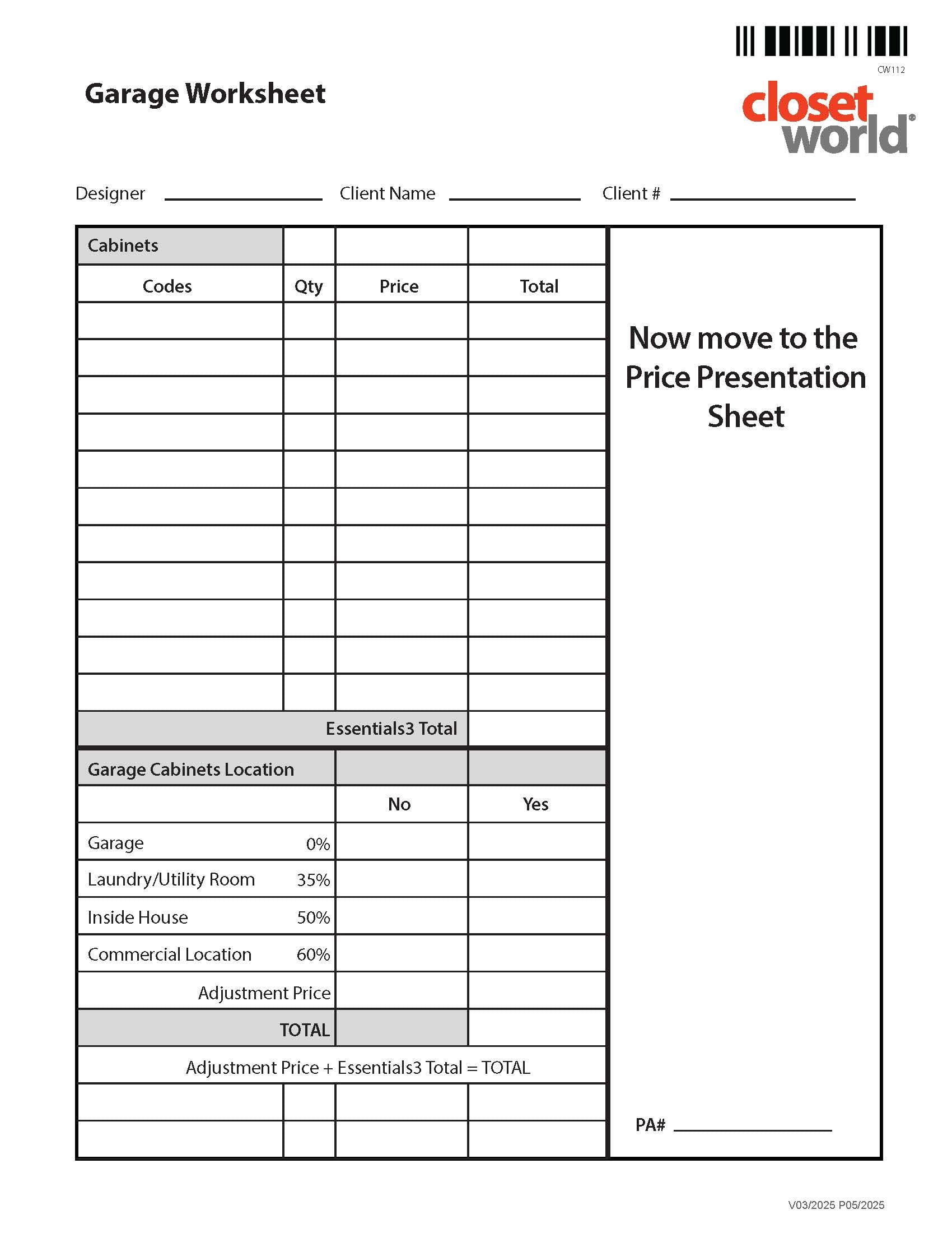CW Garage Pricing Worksheet – HOI Supply Store
